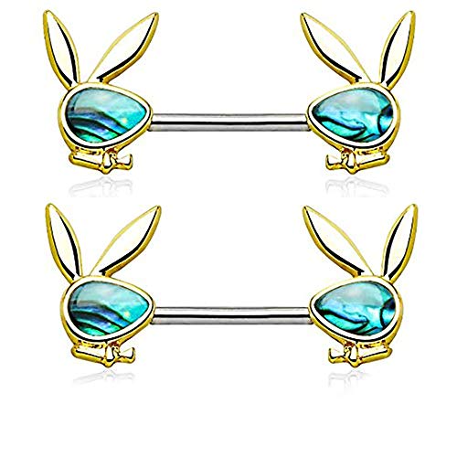Forbidden Body Jewelry Surgical Steel Abalone Shell Bunny Emblem Nipple Barbells (Gold Tone)