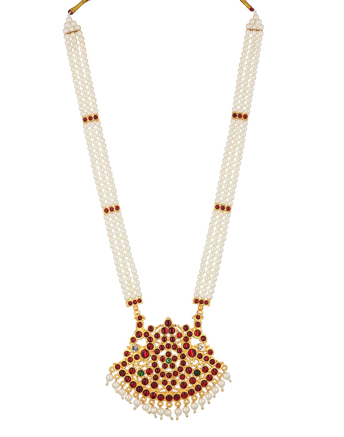 Fashionatelier 3 Line Long Pearl Haram with Pendant and Short Necklace with Earrings