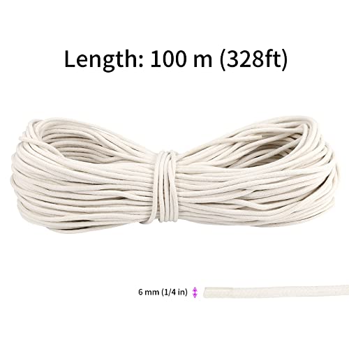Natural Cotton Rope, JEUIHAU 328 Feet 1/4 Inch Cotton Clothesline Rope, All-Purpose Braided Cotton Rope Utility Cord for Clothes Hanging, Crafting, Macrame, Basket Making, and DIY Art Projects