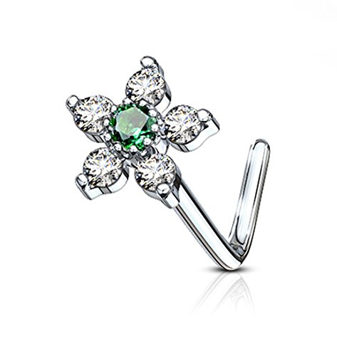 Forbidden Body Jewelry 20g Surgical Steel L Shaped Nose Ring with 6-CZ Crystal Flower, Green/Clear