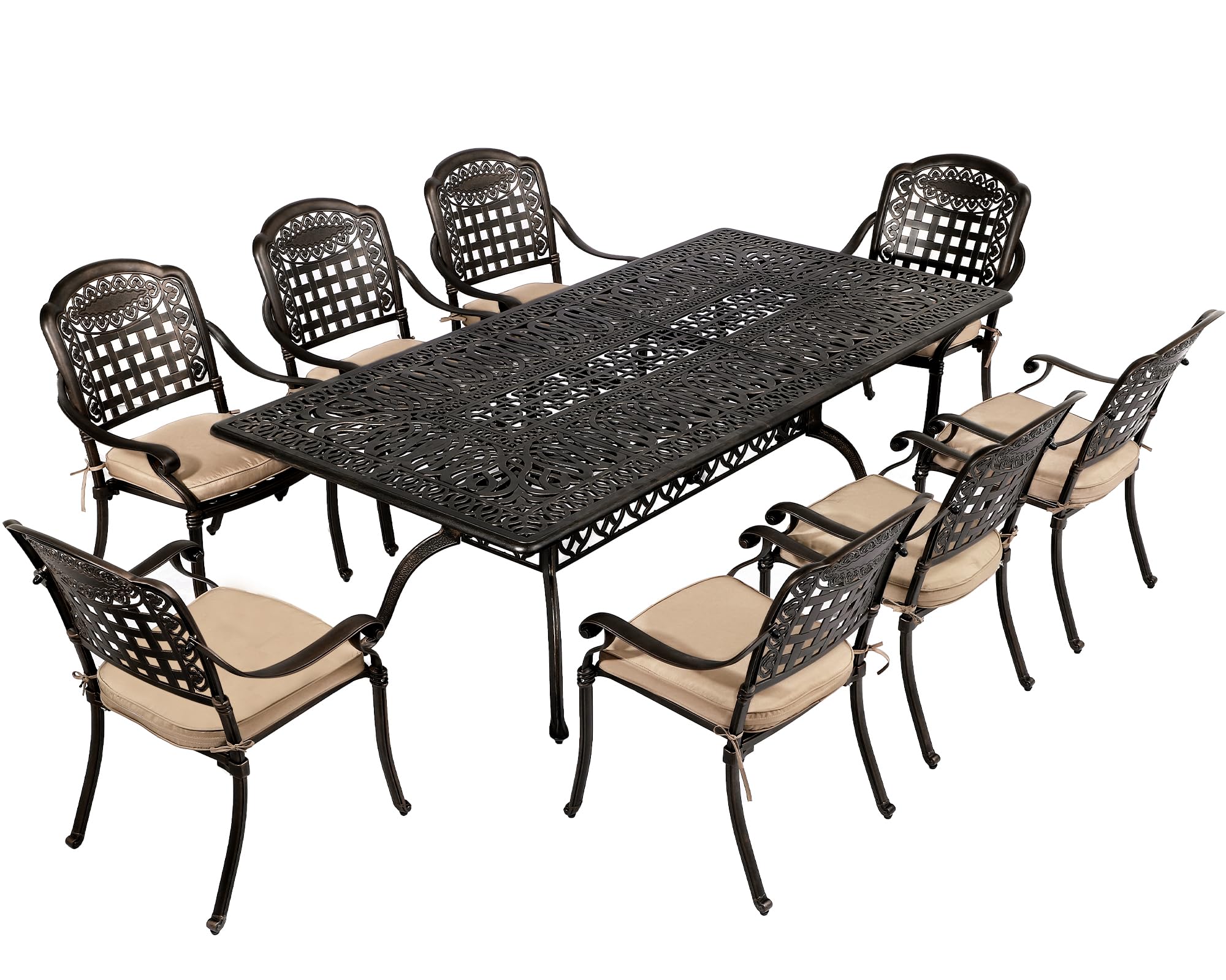 TITIMO 9-Piece Cast Aluminum Patio Furniture Set, Outdoor Dining Set Bistro Conversation Set, 8 Chairs and Rectangle Dining Table with Cushions and Umbrella Hole (8 Stackable Chairs)
