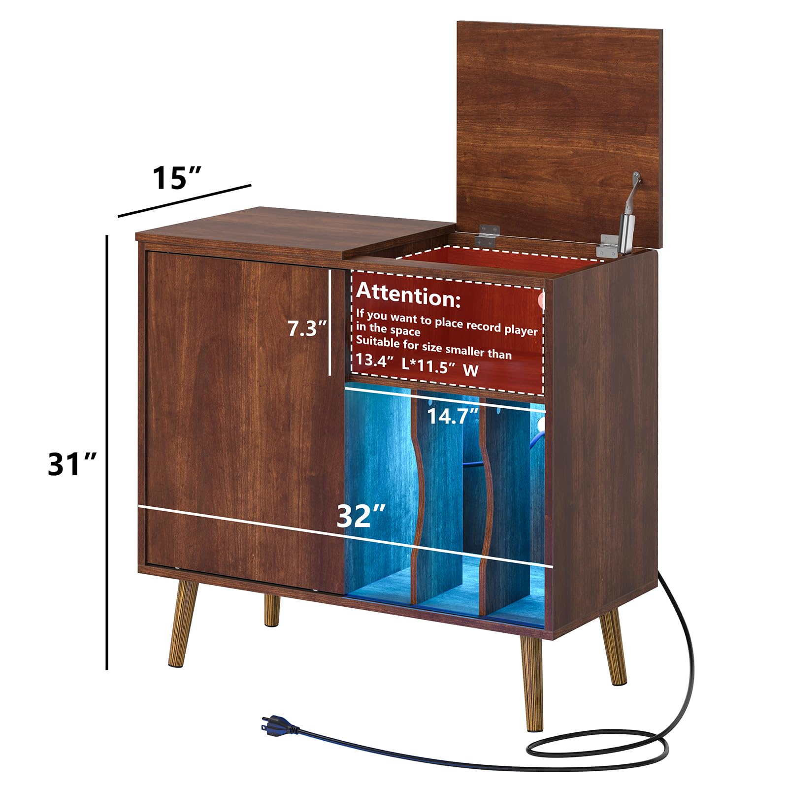 furomate Record Player Stand with Storage, 2 Tier Vinyl Record Storage Cabinet, Mid-Century Record Player Table with Power Outlets & LED Lights, Turntable Stand for Living Room, Mahogany