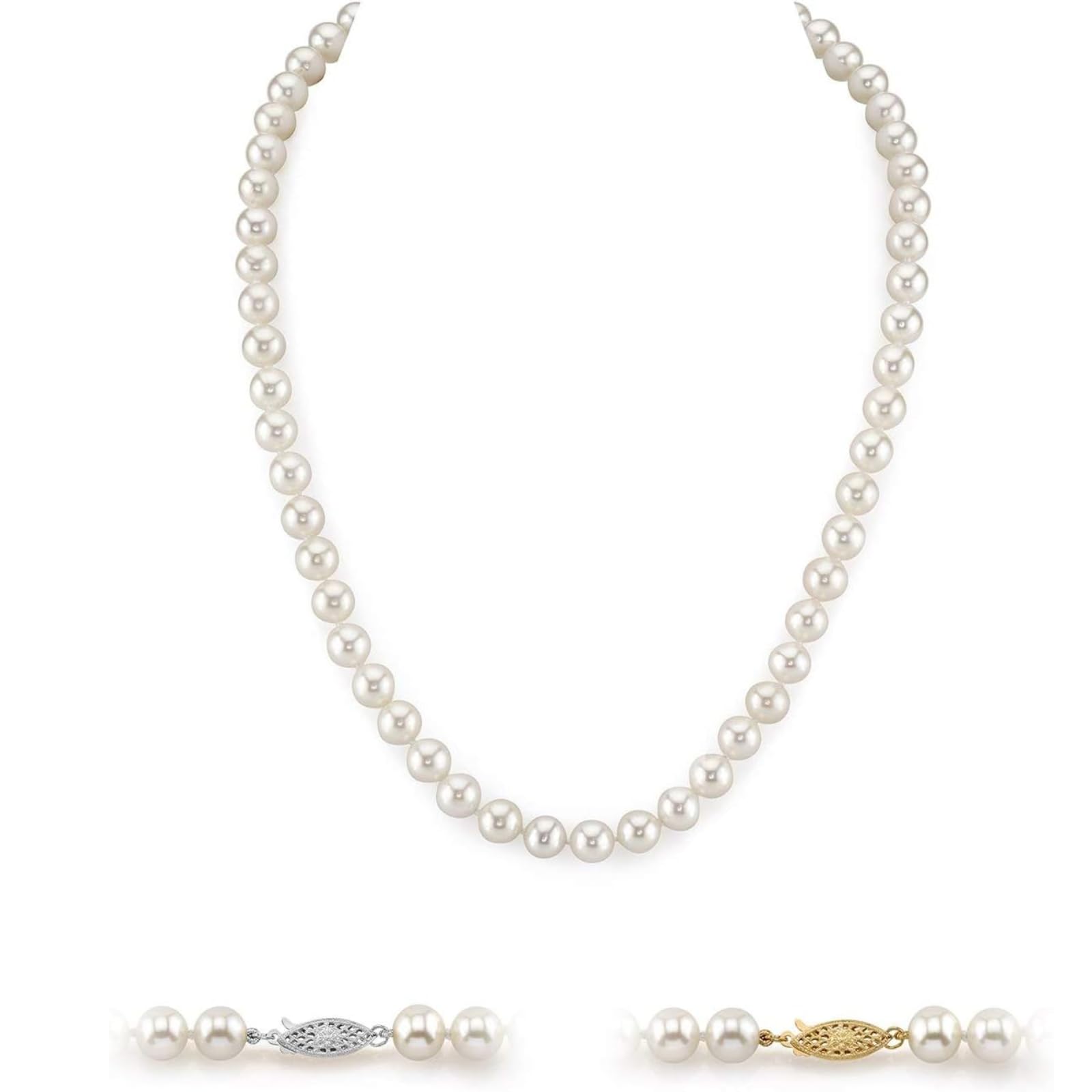 The Pearl Source Real Pearl Necklace for Women with AAA+ Quality Round White Freshwater Genuine Cultured Pearls | 14K Gold Clasp Yellow Gold