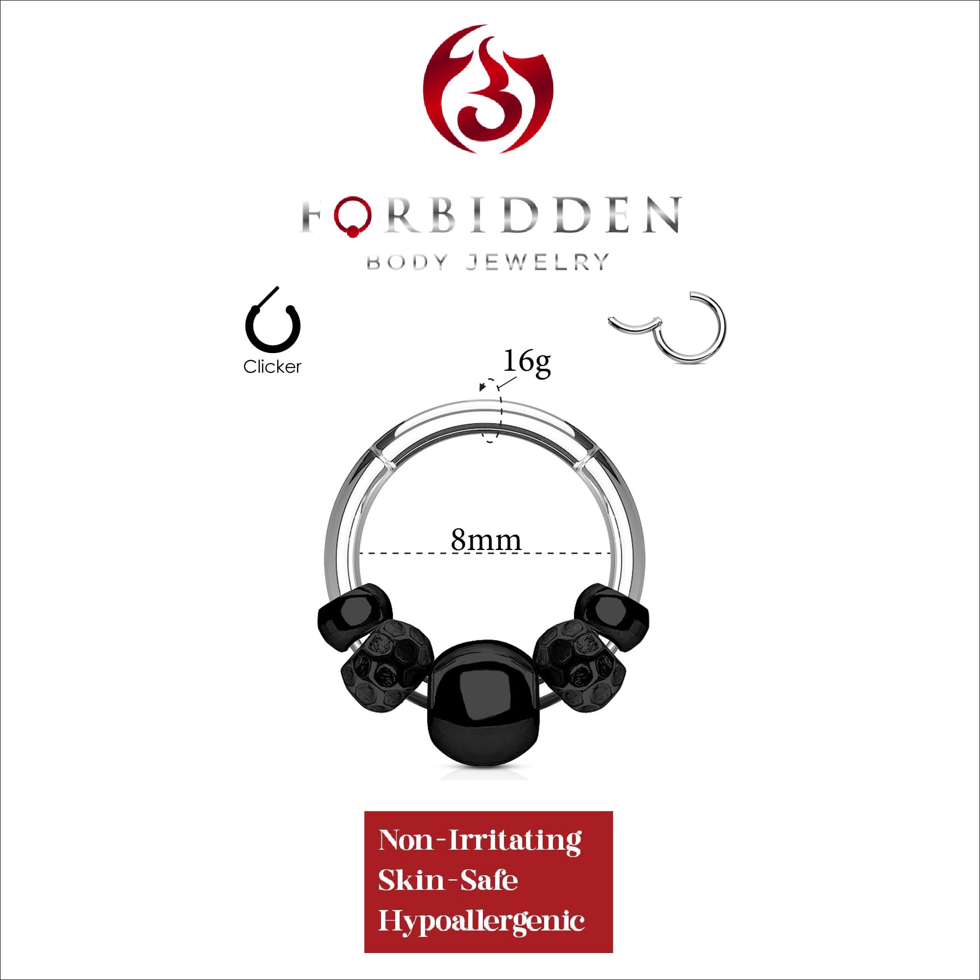 Forbidden Body Jewelry 16 g 8 mm Surgical Steel Hinged Segment Septum Nose Ring Hoop Piercing/Cartilage Earring for Women or Men, Style 1 - Black…