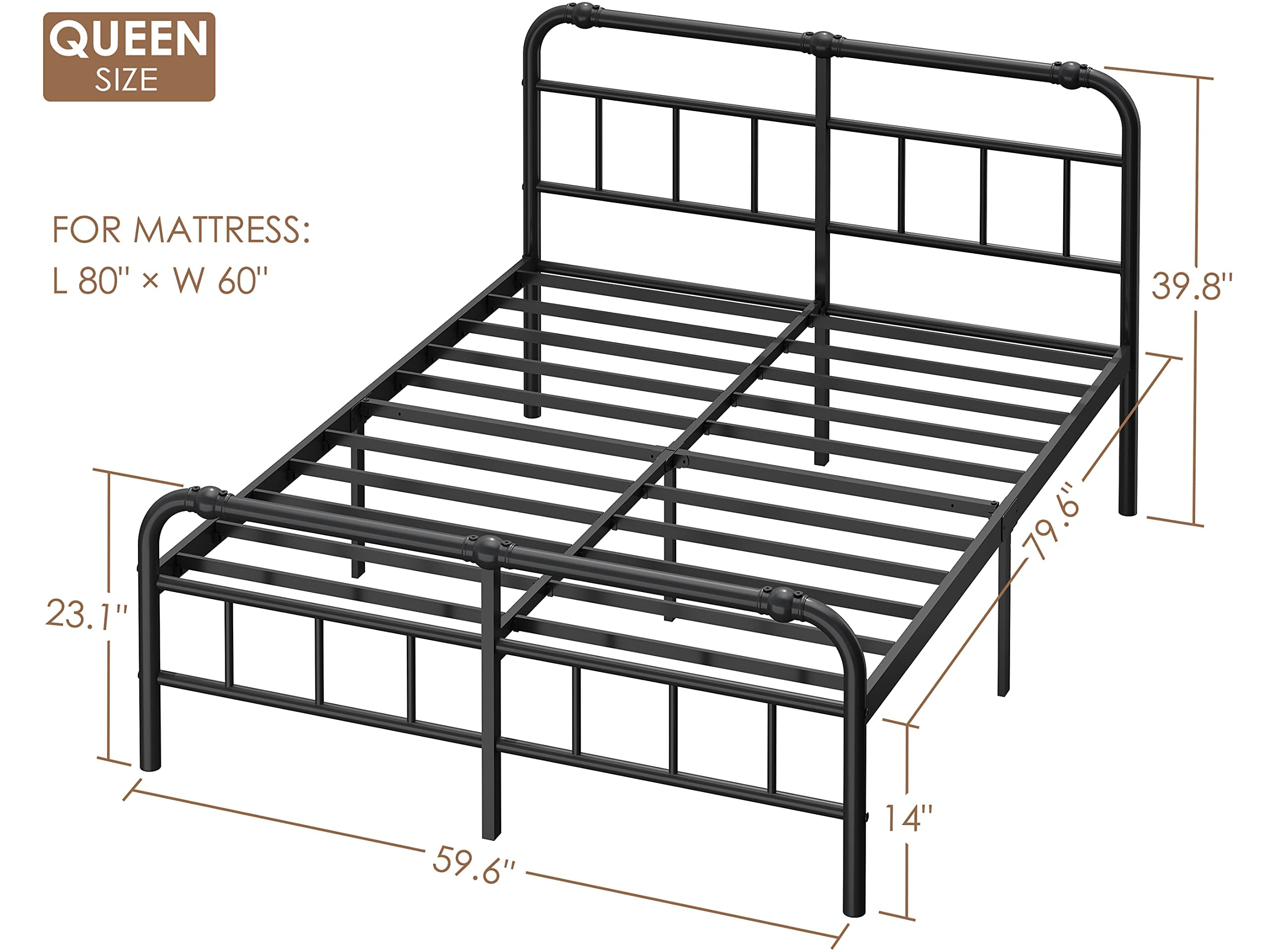 FSCHOS Queen-Bed-Frame-with-Headboard and Footboard, 18 Inch Metal Platform Bed-Frame-Queen-Size, Premium Steel Heavy Duty Bed Frame Queen No Box Spring Needed, Easy Assembly, Black