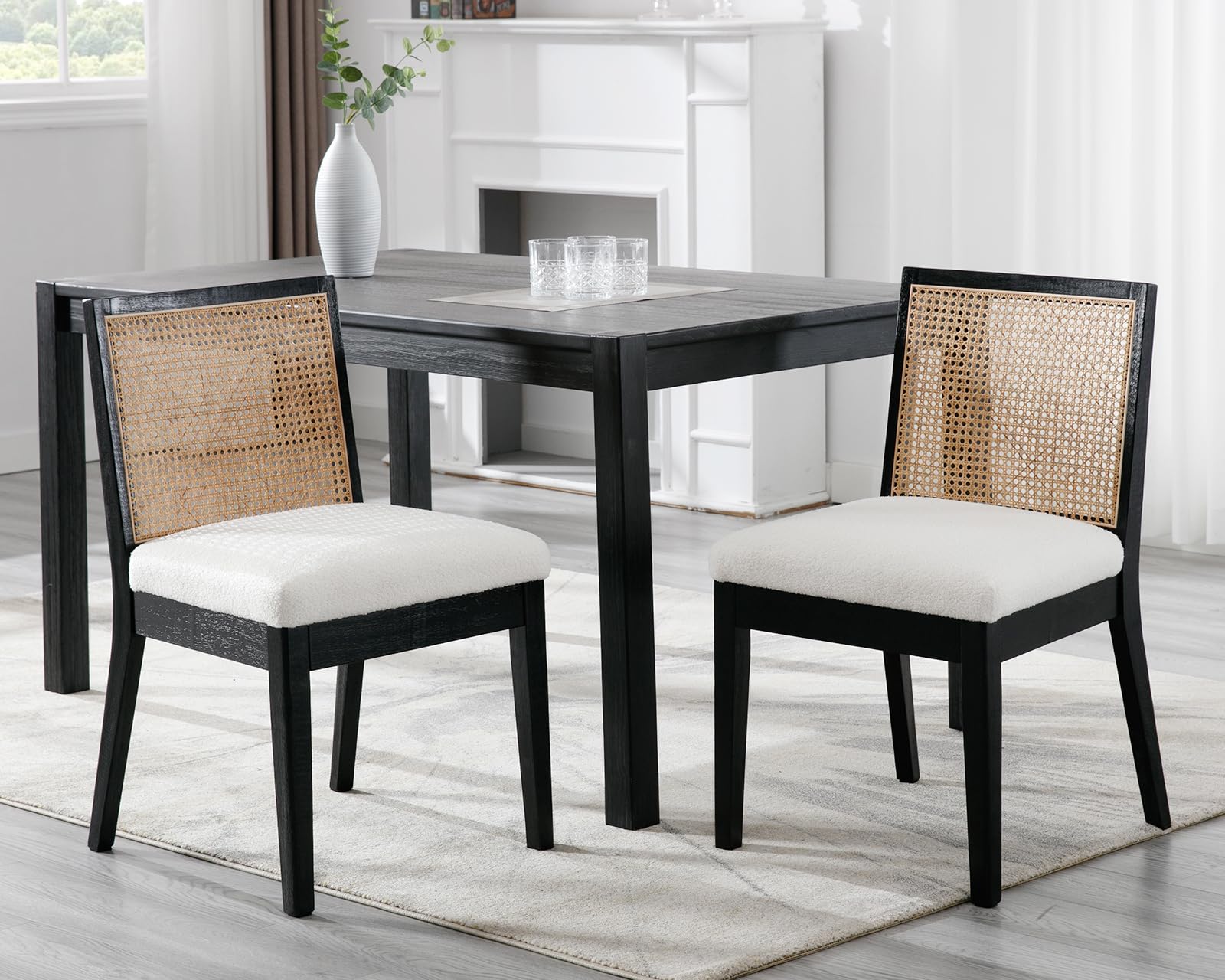 Farmhouse Rattan Dining Chairs Set of 4, Mid Century Modern Sherpa Boucle Kitchen & Dining Room Chairs, Upholstered Black Cane Dining Chair Kitchen Chairs Side Chairs with Black Hardwood Frame, White