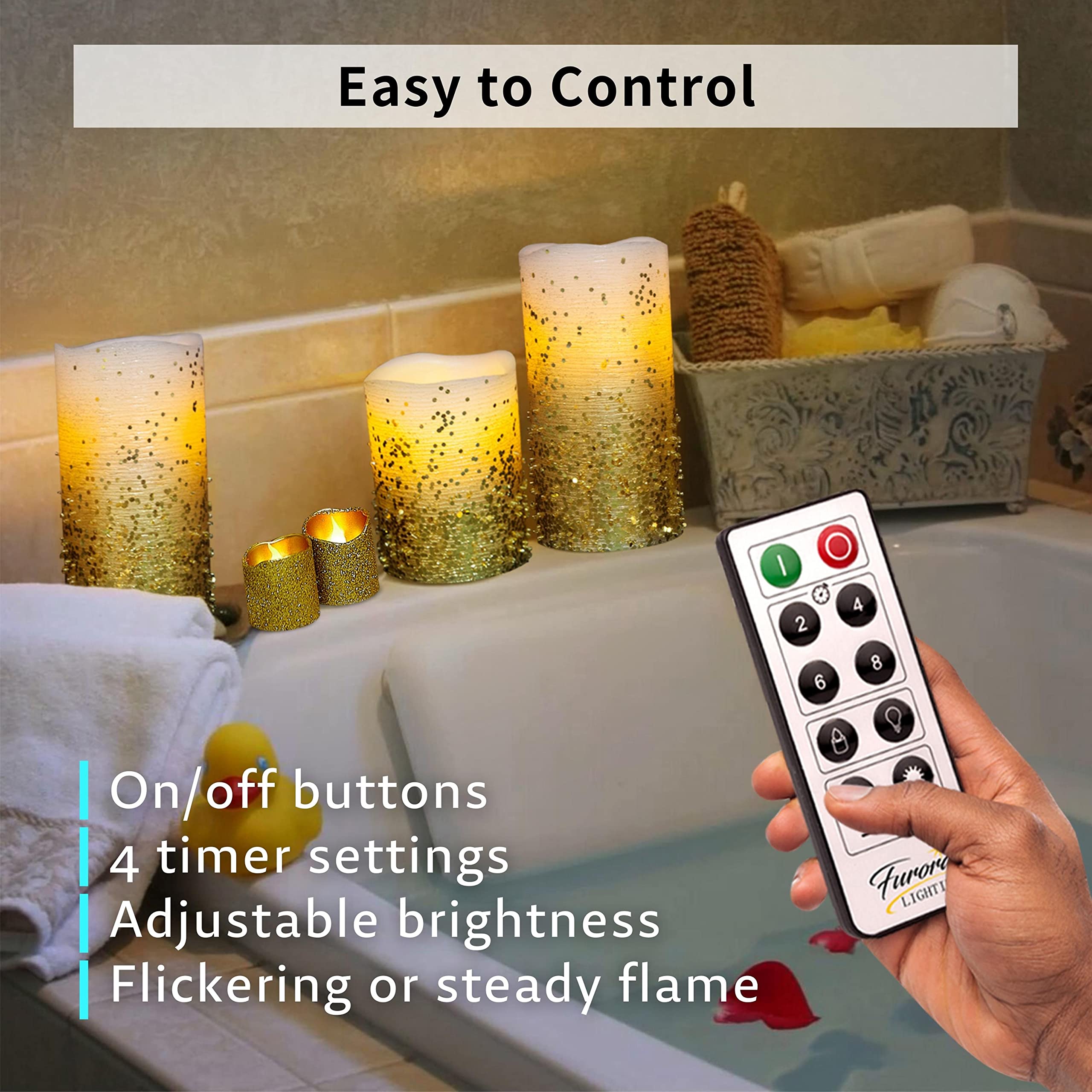 FURORA LIGHTING Gold Glitter Real Wax Candles with Remote and Timer, 4 Pillars and 4 Votives Pack of 8, LED Flameless Flickering Candles for Home Décor, Battery Included