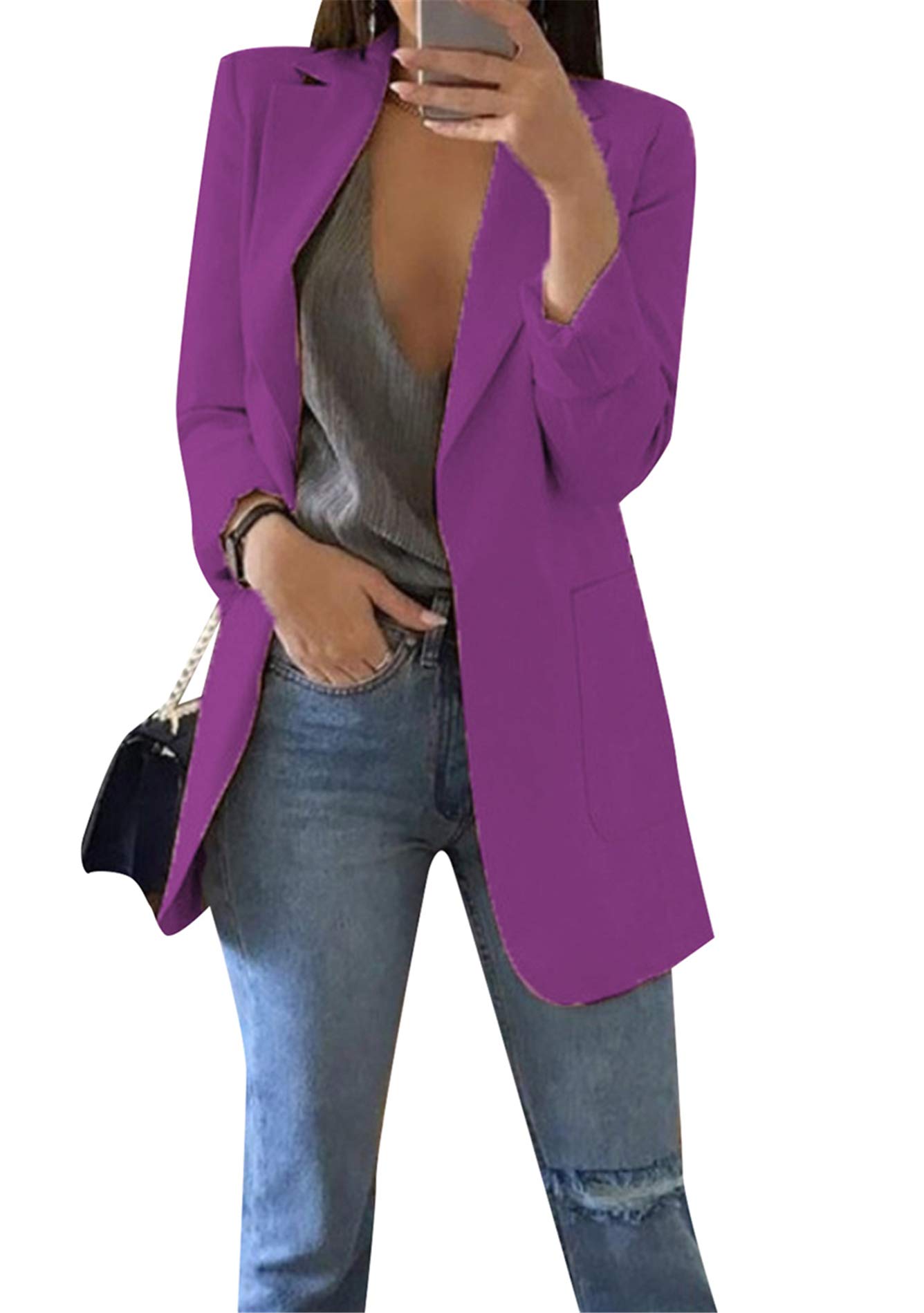 FLITAY Women’s Long Sleeve Notched Casual Blazer Autumn Fashion Open Front Blazer Coats Purple M