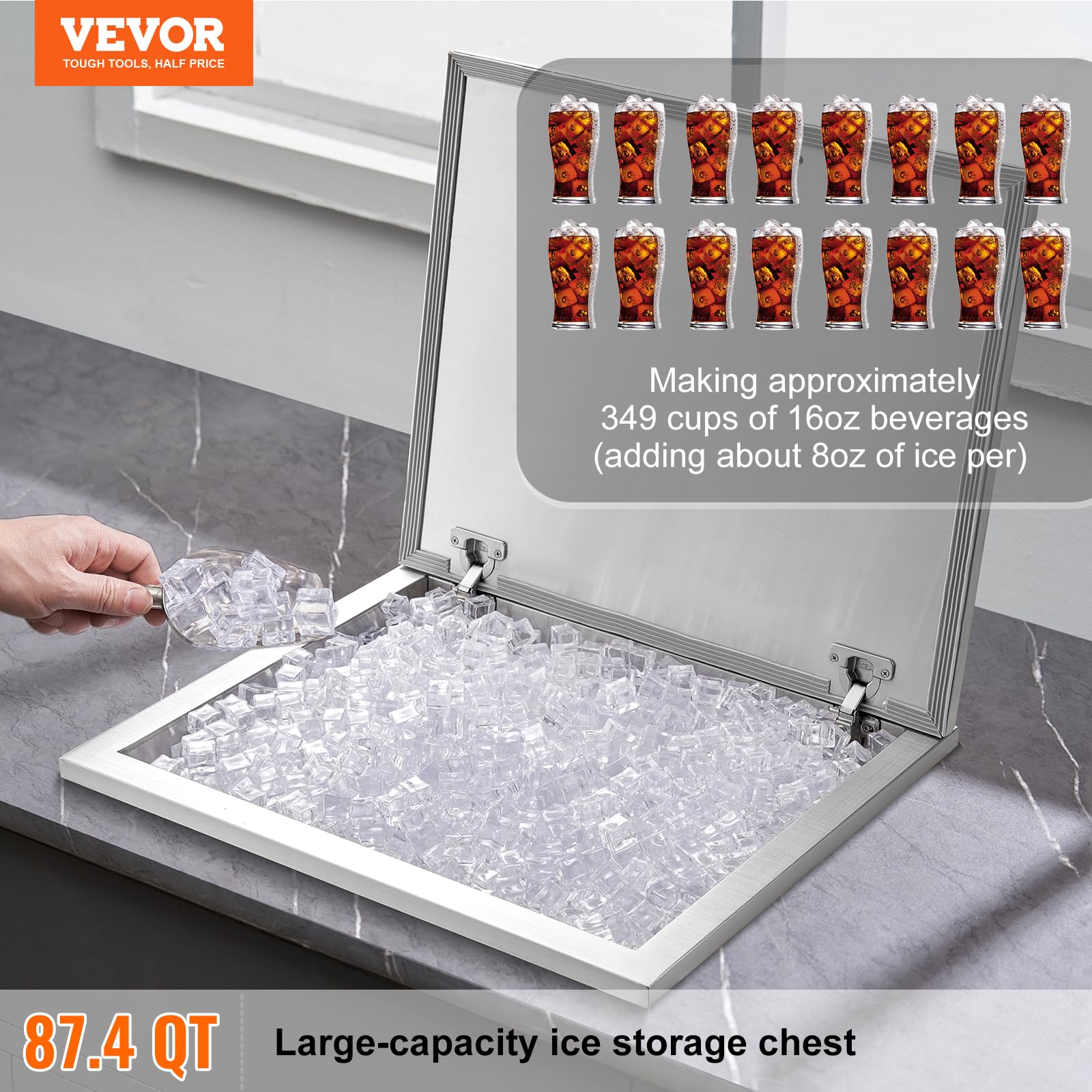VEVOR Drop in Ice Chest, 28" L x 16" W x 17" H Stainless Steel Ice Cooler, Commercial Ice Bin with Hinged Cover, 40 qt Outdoor Kitchen Ice Bar, Drain-Pipe and Drain Plug Included, for Cold Wine Beer