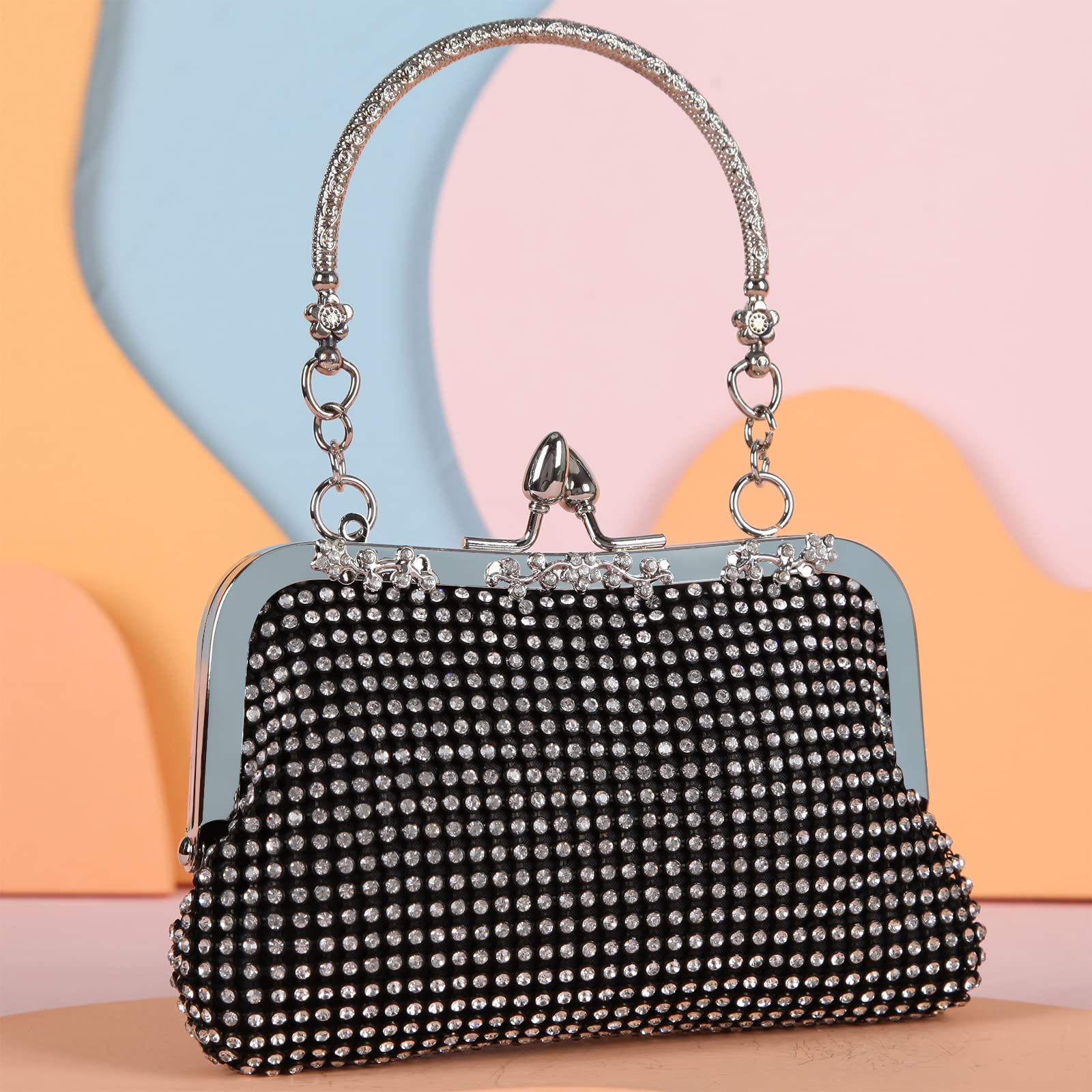 Fawziya Evening Clutch Bling Rhinestone Cute Kiss Lock Handle Soft Novelty Small Purses For Women Formal-Black