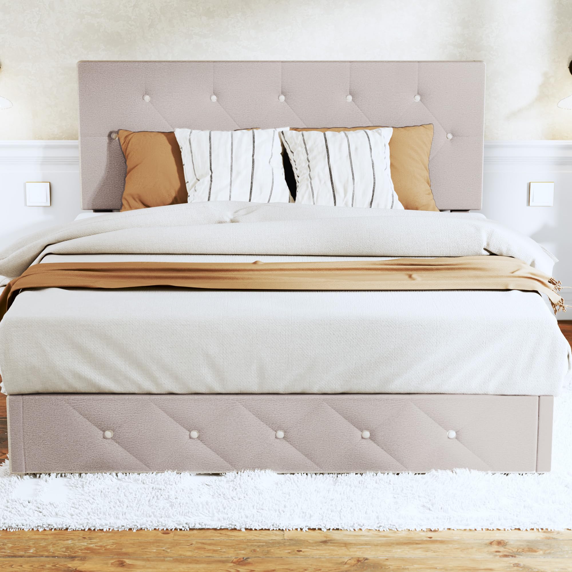 Fluest Queen Bed Frame with Headboard Storage, Upholstered Platform with Adjustable Headboard, Wooden Slats, No Box Spring Needed, Easy Assembly, Mattress Foundation - Beige