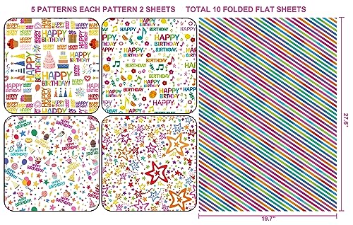 Sikiweiter Birthday Wrapping Paper Sheet - 10 Sheets Folded Flat Gift Wrapping Paper for Boys Girls Men Women - 19.7 x 27.6 Inches Per Sheet