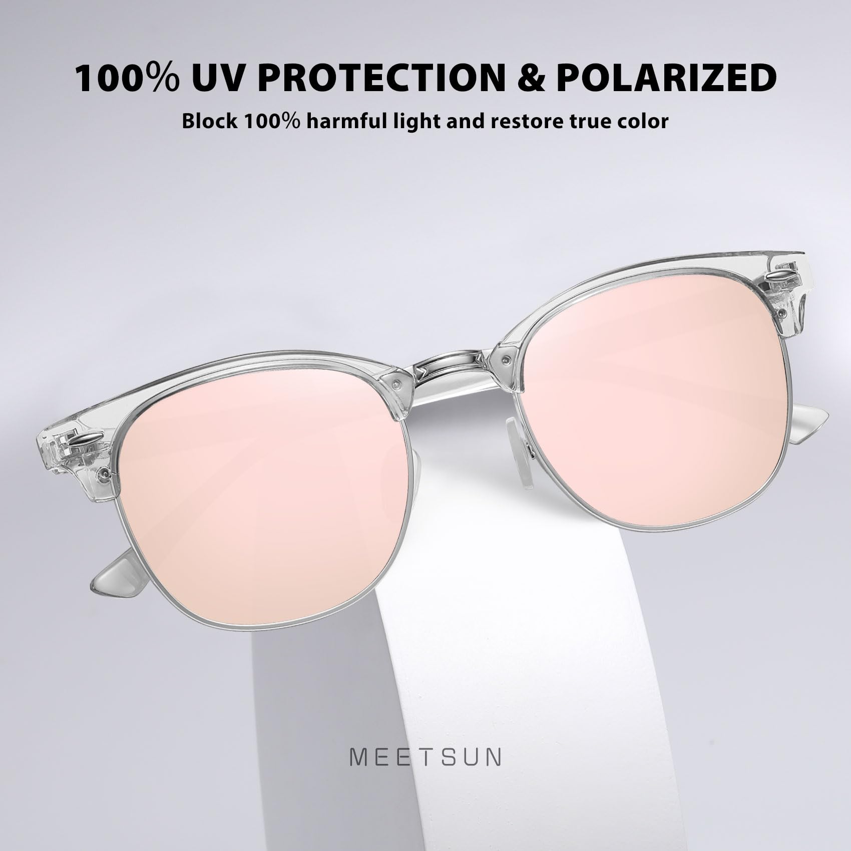 MEETSUN Retro Semi Rimless Polarized Sunglasses for Women Men Trendy Mirror Lens Driving Sun Glasses 3 Pack Black Brown Pink