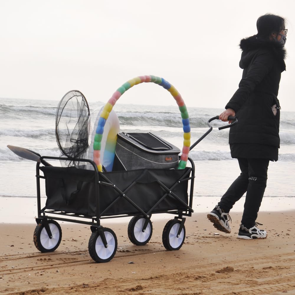 Folding Collapsible Wagon,Large Capacity Outdoor Wagons Carts Heavy Duty Foldable Utility with Big All-Terrain Wheels &2 Side Pocket for Camping,Sports, Garden Shopping Beach Cart(Black)