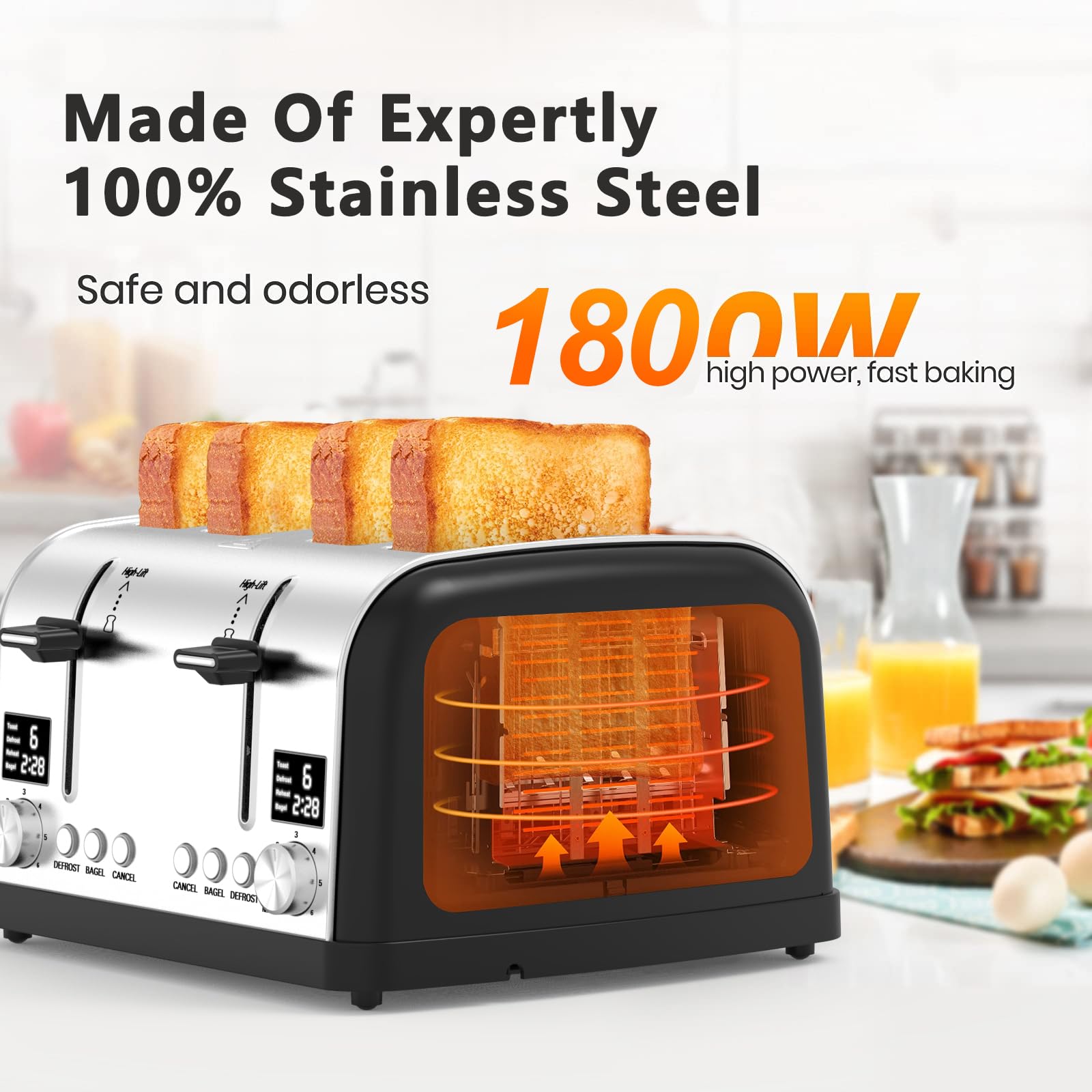 Toaster 4 Slice,Ultra-Clear Led Display, Dual Control Panels With Independent Settings,Retro Stainless Steel Toaster Wide Slot for Waffles, 4 Slice Toaster with Bagel LainstenT-5057D (Black)