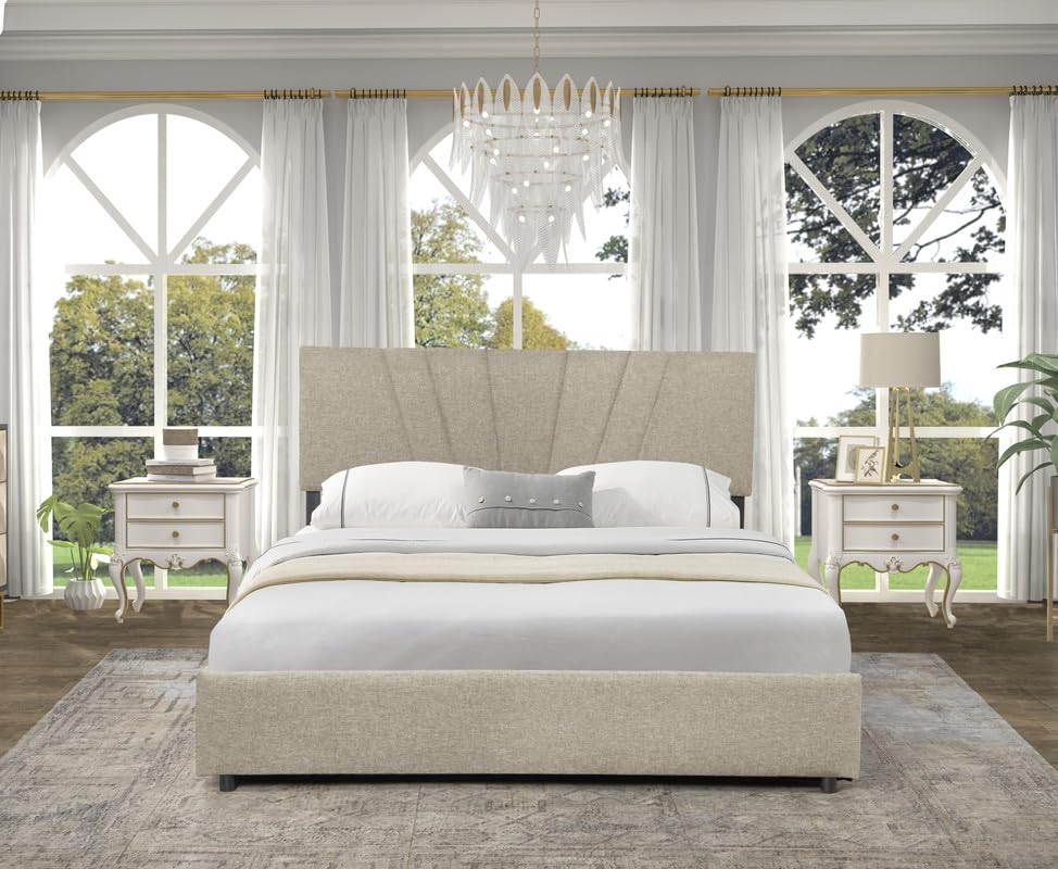 FDSPDO Lift Up Storage Bed Queen Upholstered Bed with Tufted Headboard and Storage Underneath, Wooden Platform Bed Frame for Kids Teens Adults (Queen Size, Beige)