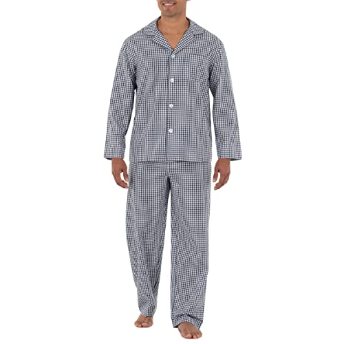 Fruit of the Loom mens Long Sleeve Broadcloth Pajama Set, Navy/White Check, Large US