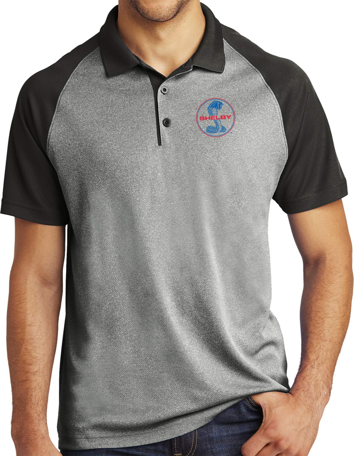 Ford Mustang Shelby Blue and Red Raglan Polo, Grey Black XL