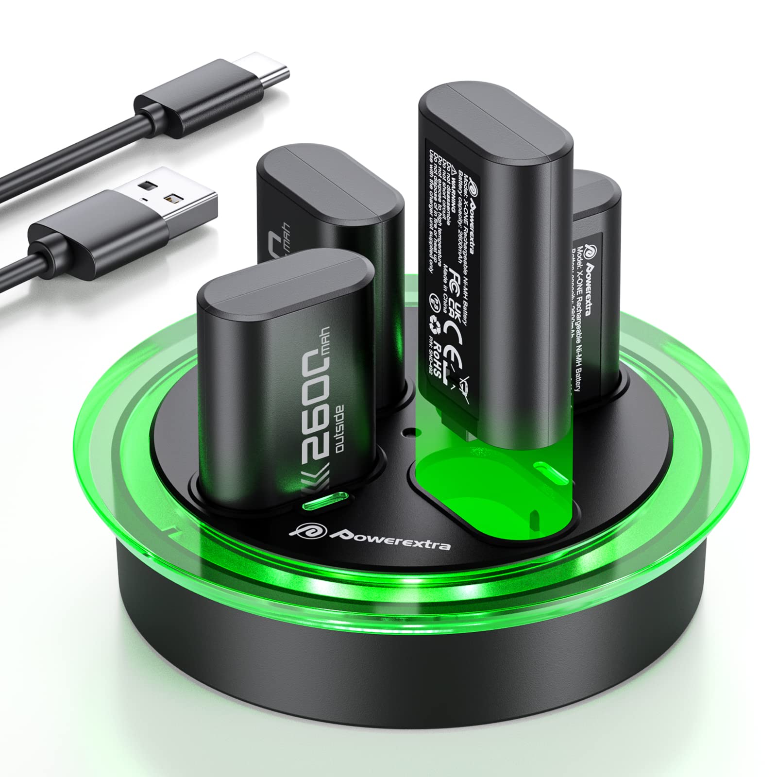 Powerextra Fast Charger Battery Pack for Xbox Controller, 4x2600mAh Rechargeable Batteries for Xbox Series X/S/One X/S/Elite Controllers, Charger Station for Xbox One Battery Pack