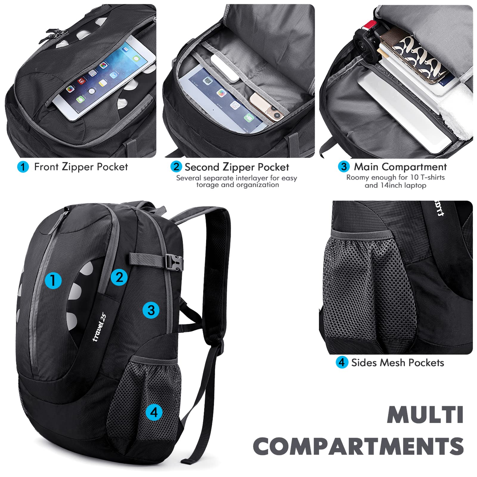 G4Free Hiking Backpack 25L Waterproof Daypack Outdoor Camping Climbing Backpack with Rain Cover for Women Men(Black)