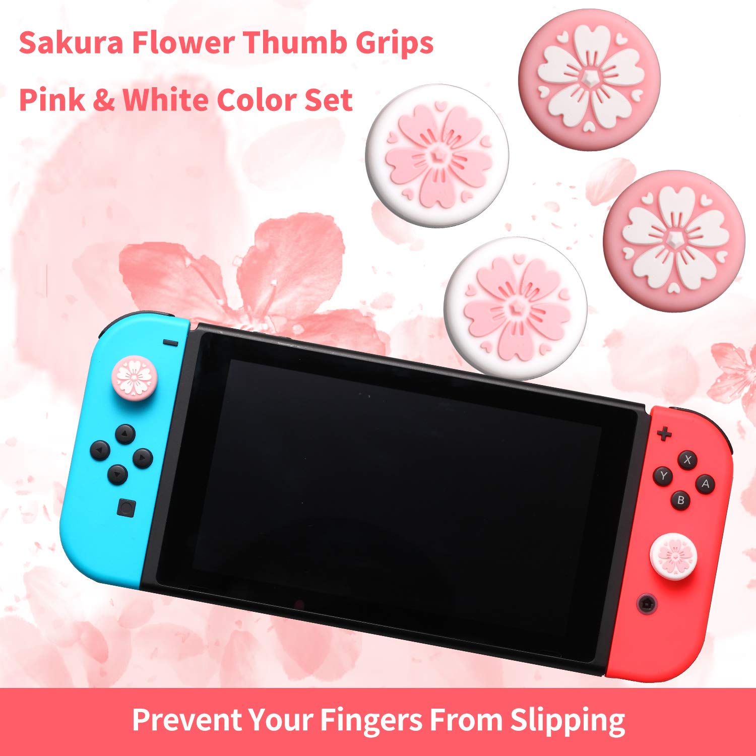 Fpxnb 4 Pairs Switch Thumb Grip Set, Analog Stick Silicone Cap Joystick Covers, Cat Claw & Sakura Flower Design, Compatible with Switch Joy-Con Controllers & Lite, Pink & Blue