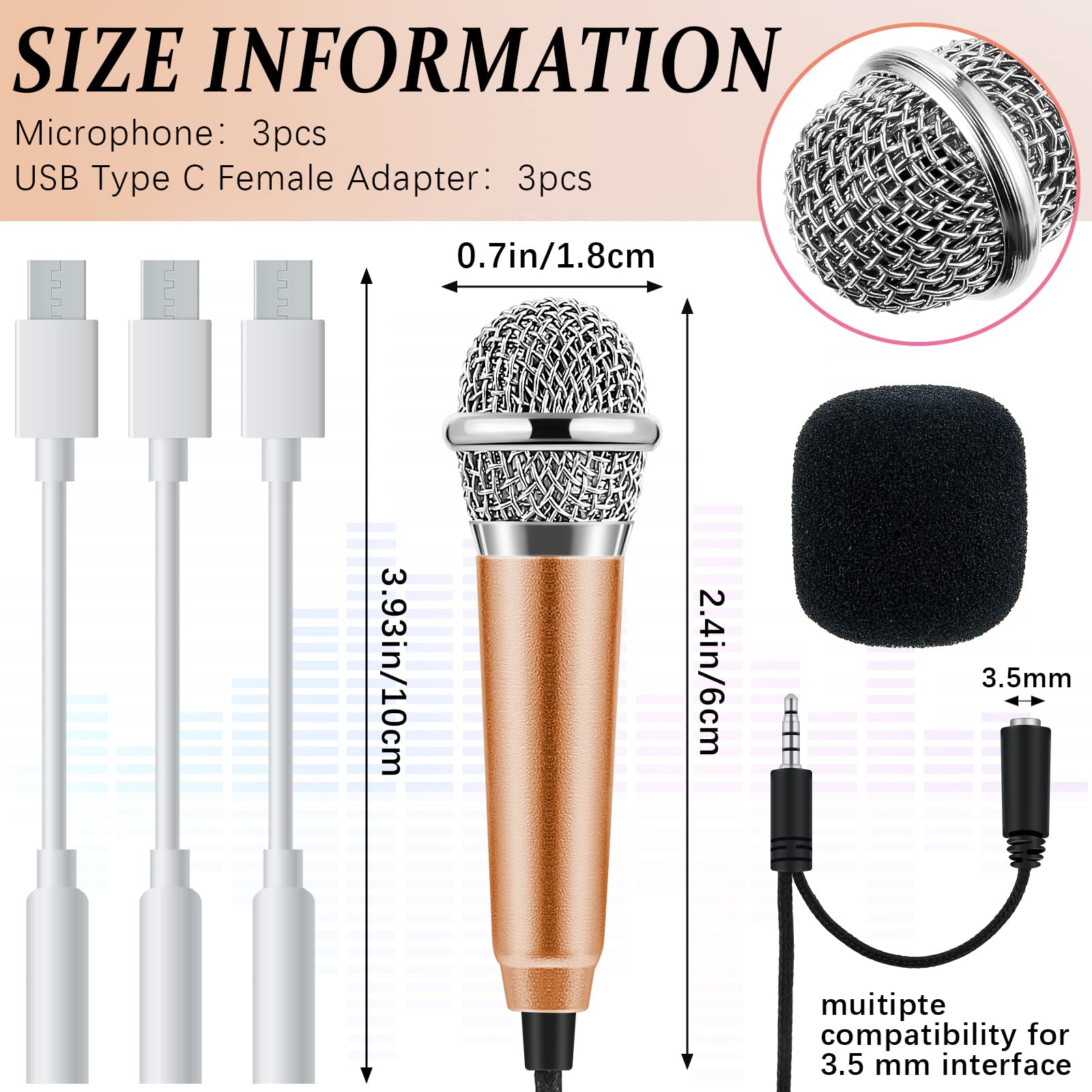 Flutesan 3 Pieces Mini Microphone Tiny Microphone Mini Portable Vocal Instrument Microphone and 3 Pieces USB Type C to 3.5 mm Female Adapter for Mobile Phone