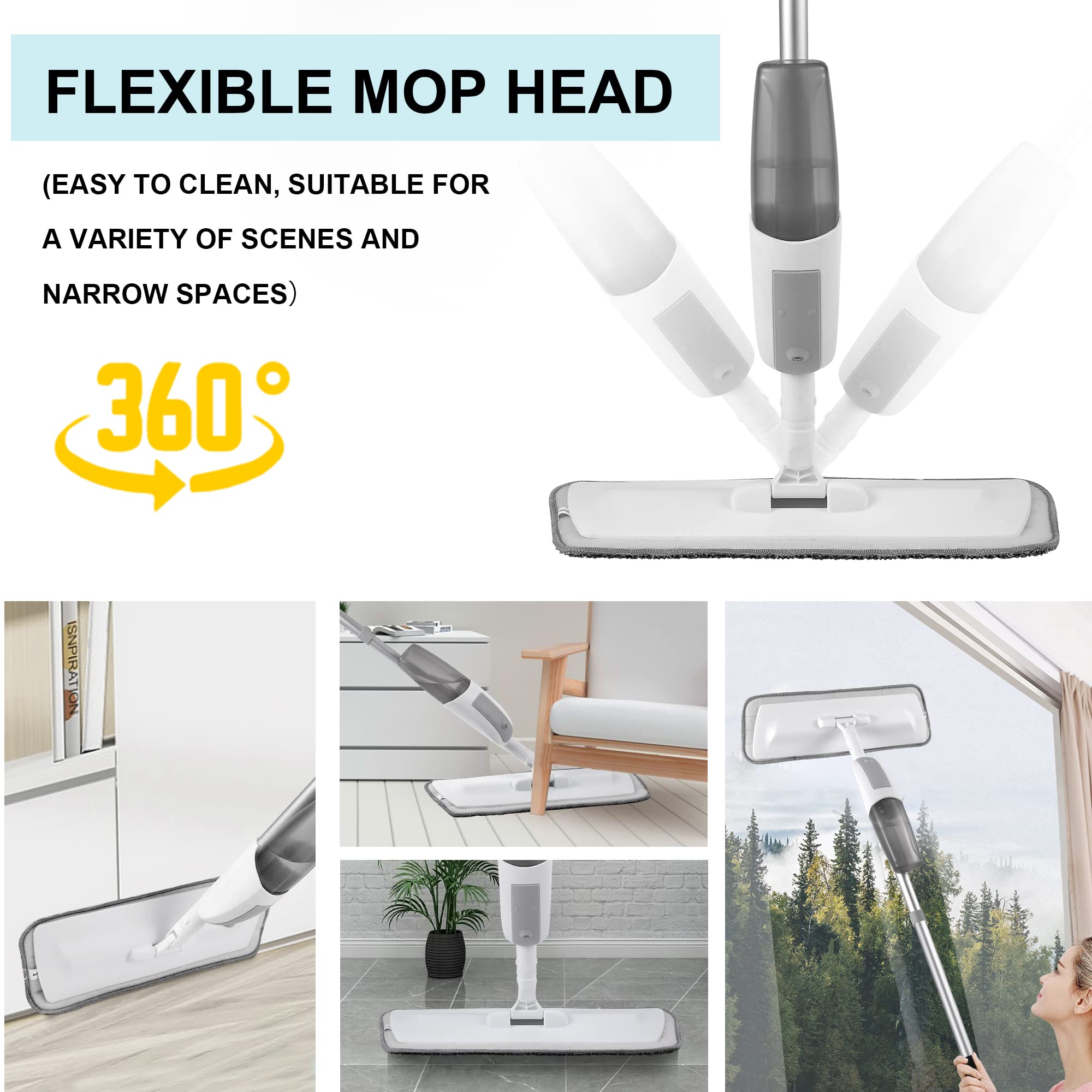 Fashionwu Spray Mop, Spinner Microfiber Floor Mop with 4 Washable Mop Pads, Refillable Spray Bottle and 1 Scraper, Flat Mop for Home Kitchen Hardwood Laminated Wood Ceramic Floor Cleaning, White