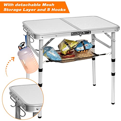 Folding Table Small Lightweight Portable Aluminum Camping Table Mini Foldable Table with Adjustable Height Legs for Picnic Cooking Beach, 2ft and 3 Heights