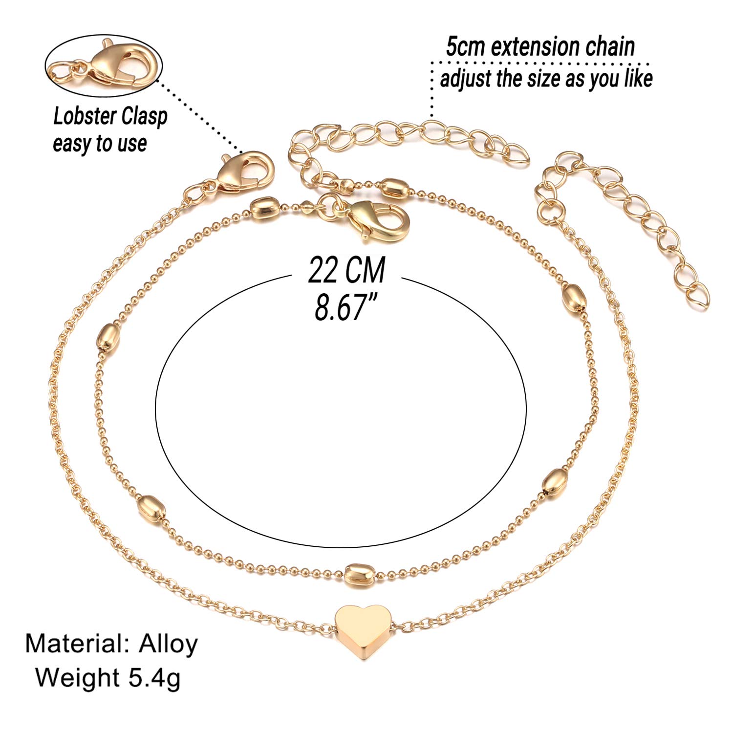 Fesciory Women Anklet Adjustable Beach Ankle Chain Gold Alloy Foot Chain Bracelet Jewelry Gift (Heart)