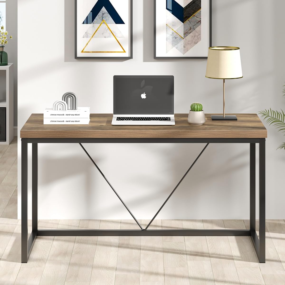 FOLUBAN Rustic Industrial Computer Desk,Wood and Metal Writing Desk, Vintage PC Table for Home Office, Oak 47.2 inch