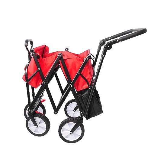 Folding Wagon Collapsible Outdoor Utility Wagon, Heavy Duty Folding Garden Portable Hand Cart, Drink Holder, Adjustable Handles