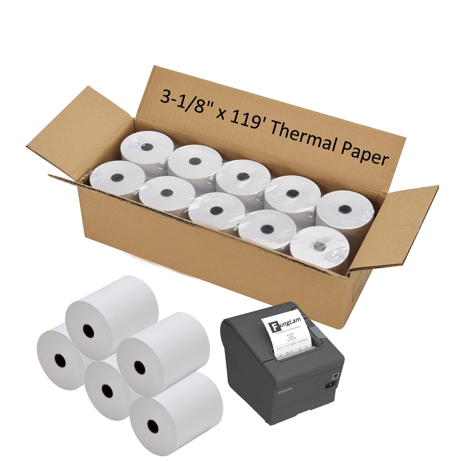 FungLam Thermal Receipt Paper Rolls 3-1/8" x 119' Thermal Paper Cash Register POS Receipt Paper (10 Rolls)