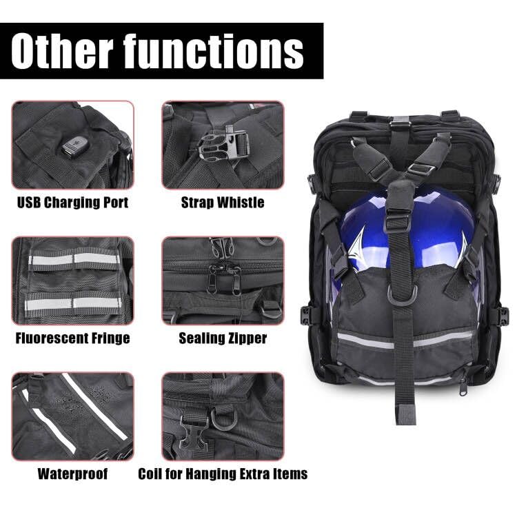 FHV Rechargeable Motorcycle Helmet Backpack with USB Charger Port,Large Capacity Cycling Helmet Holder Backpack Water Resistant Hiking Backpack Military Tactical Backpack for Men Women