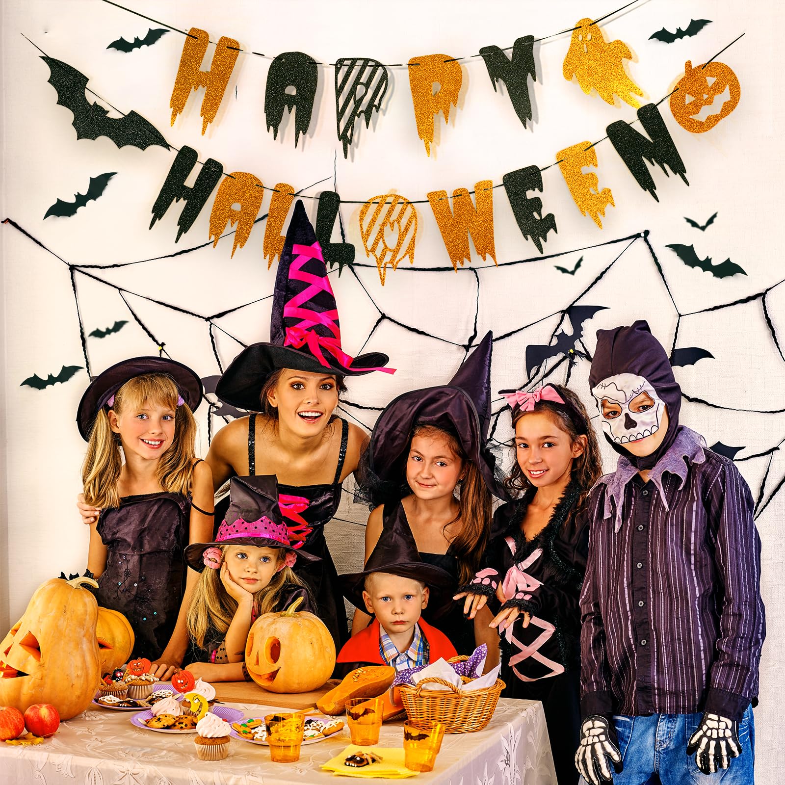 GIZIUXNE Happy Halloween Banner Set with LED Light Strip and 3D Bats Wall Decor for Halloween Party Decorations Indoor or Outdoor