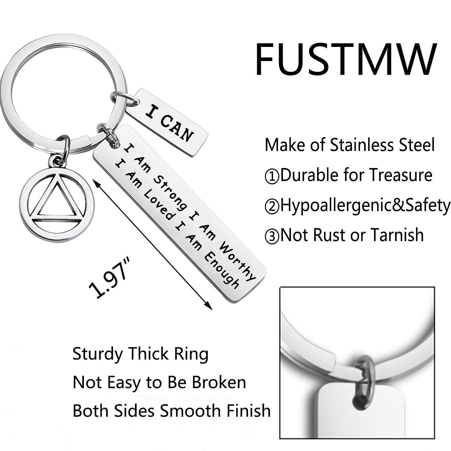 FUSTMW AA Symbol Keychain Sobriety Gifts Alcoholics Anonymous Gifts Addiction Recovery Jewelry I Am Strong I Am Loved I Am Enough New Beginnings Gift (silver)