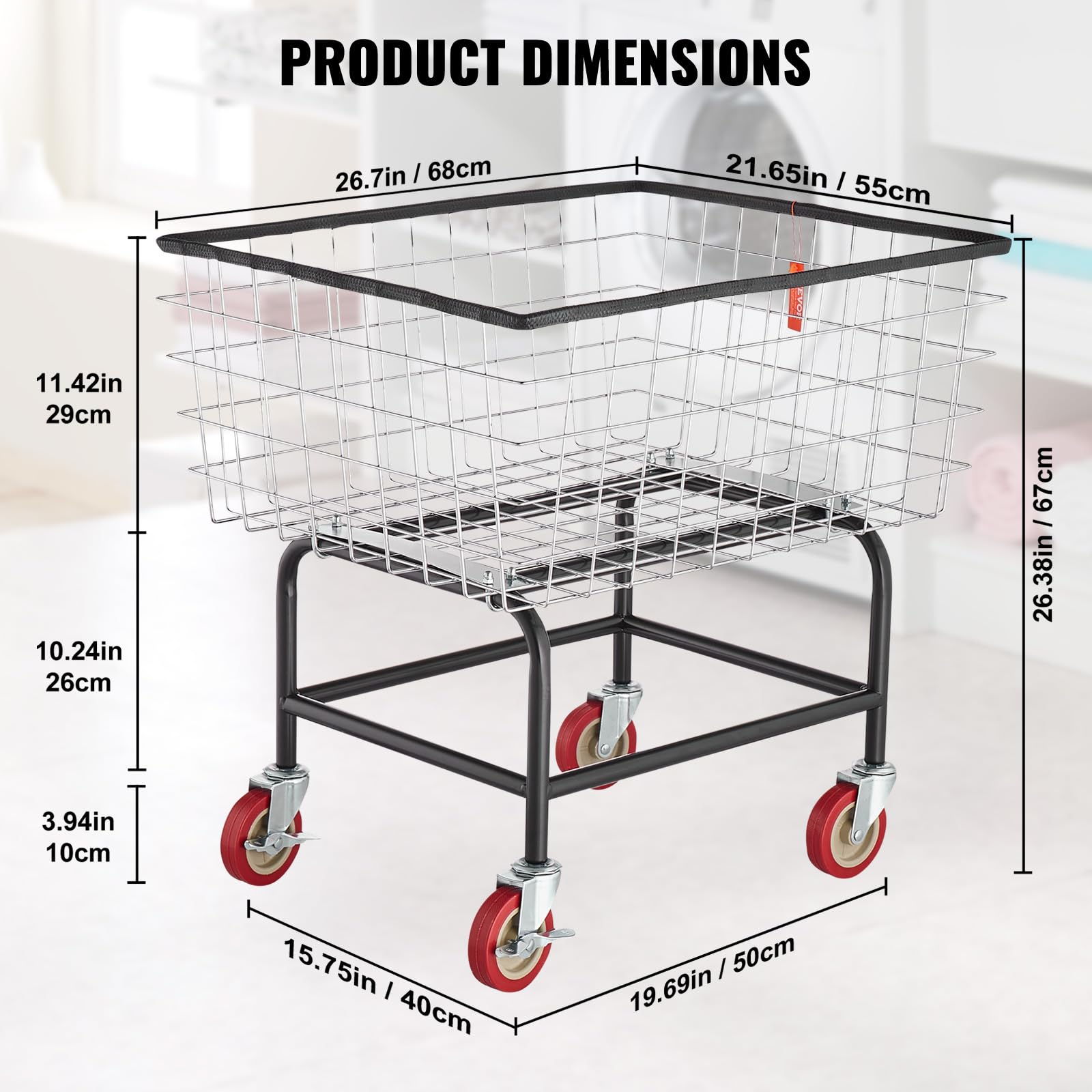 VEVOR Wire Laundry Cart, 2.8Bushel Wire Laundry Basket with Wheels, 26.7''x21.7''x26.4'' Commercial Wire Laundry Basket Cart, Steel Frame with Chrome Finish, 4" Casters, Wire Basket Cart For Laundry
