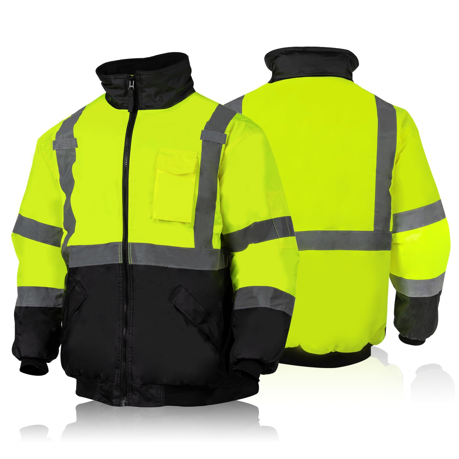 FONIRRA High Visibility Safety Jackets for Men with Fleece Liner,ANSI Class 3 Reflective Waterproof Bomber Jacket(Yellow,XL)