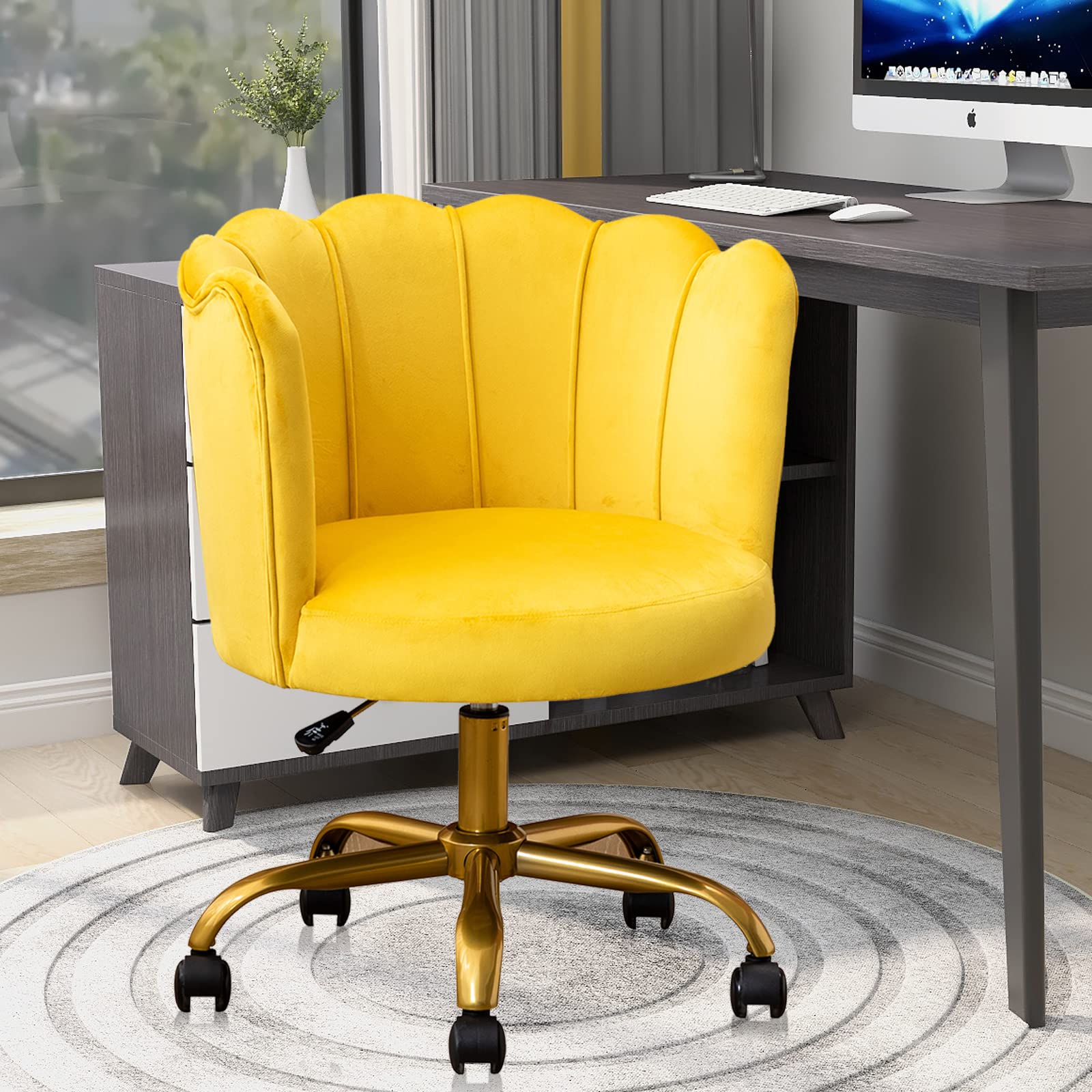 Goujxcy Home Office Desk Chair, Modern Ergonomic Swivel Chair, Adjustable Mid-Back Computer Desk Chair, Task Chair Tufted Accent Chair with Metal Base for Office Study,Beige White