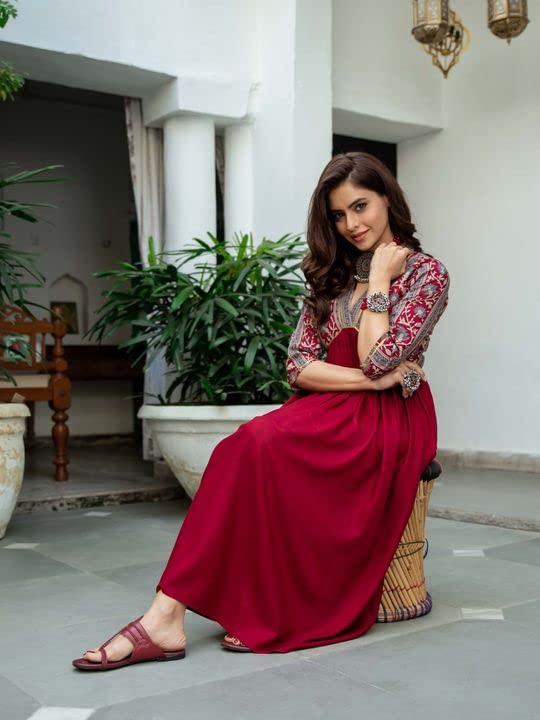 FIDOZA Women's Rayon Printed Anarkali Embroidery Kurti | Pakistani Style Rayon Printed Kurti For Women | Ready to wear (Red, L)
