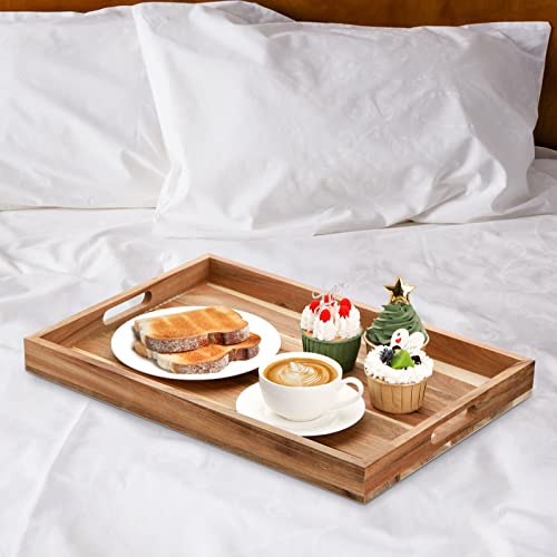 YOUEON Set of 2 Acacia Wood Serving Tray with Handles, 17x11.8x1.5 Inch Decorative Serving Trays, Ottoman Tray, Coffee Table Tray, Rectangle Wood Tray for Food, Breakfast, Lunch, Dinner, Appetizer