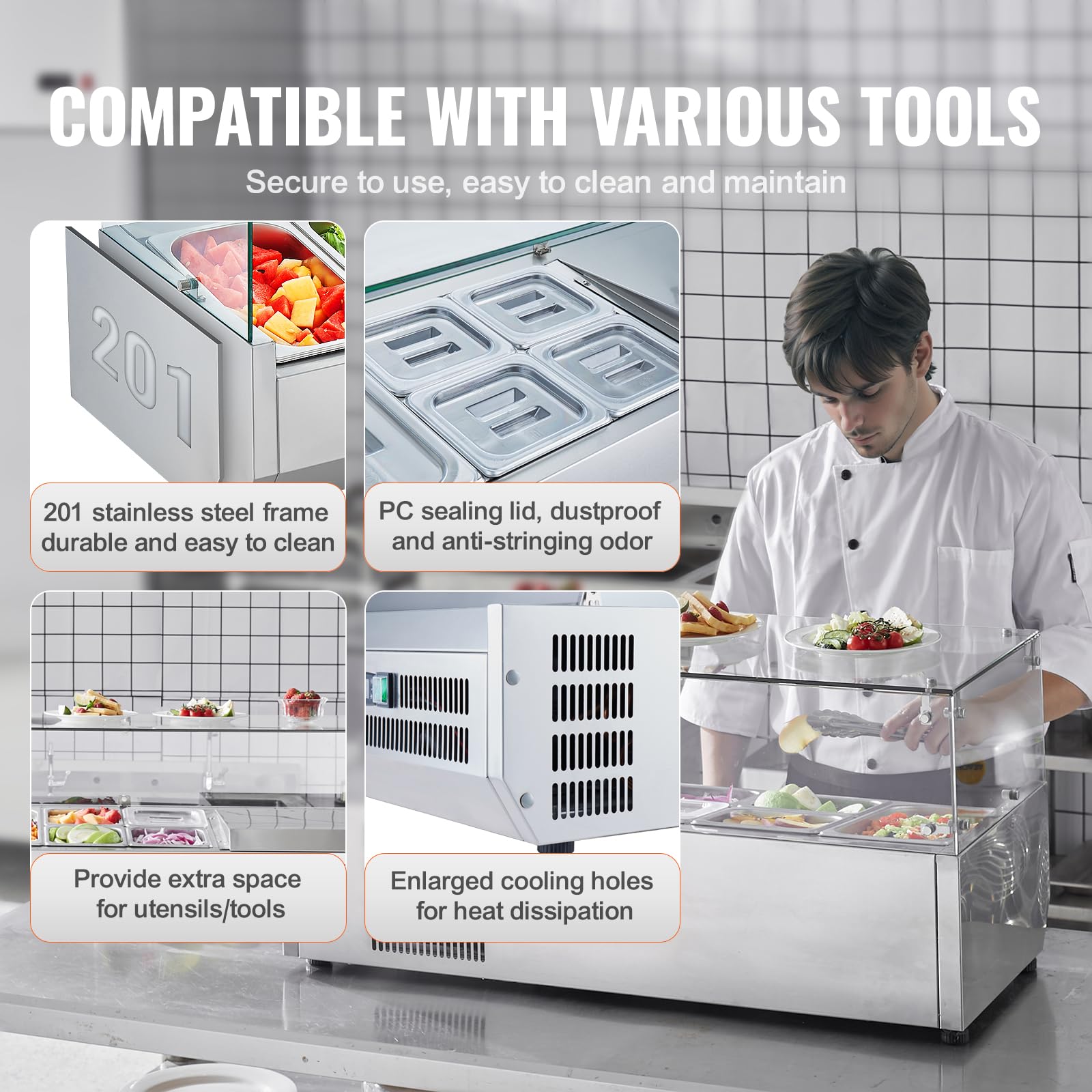 VEVOR, 130 W Countertop Refrigerated Condiment Station, with 1 1/3 4 1/6 Pans, 304 Stainless Body and PC Lid, Sandwich Prep Table Guard, ETL, Glass 40in, Silver