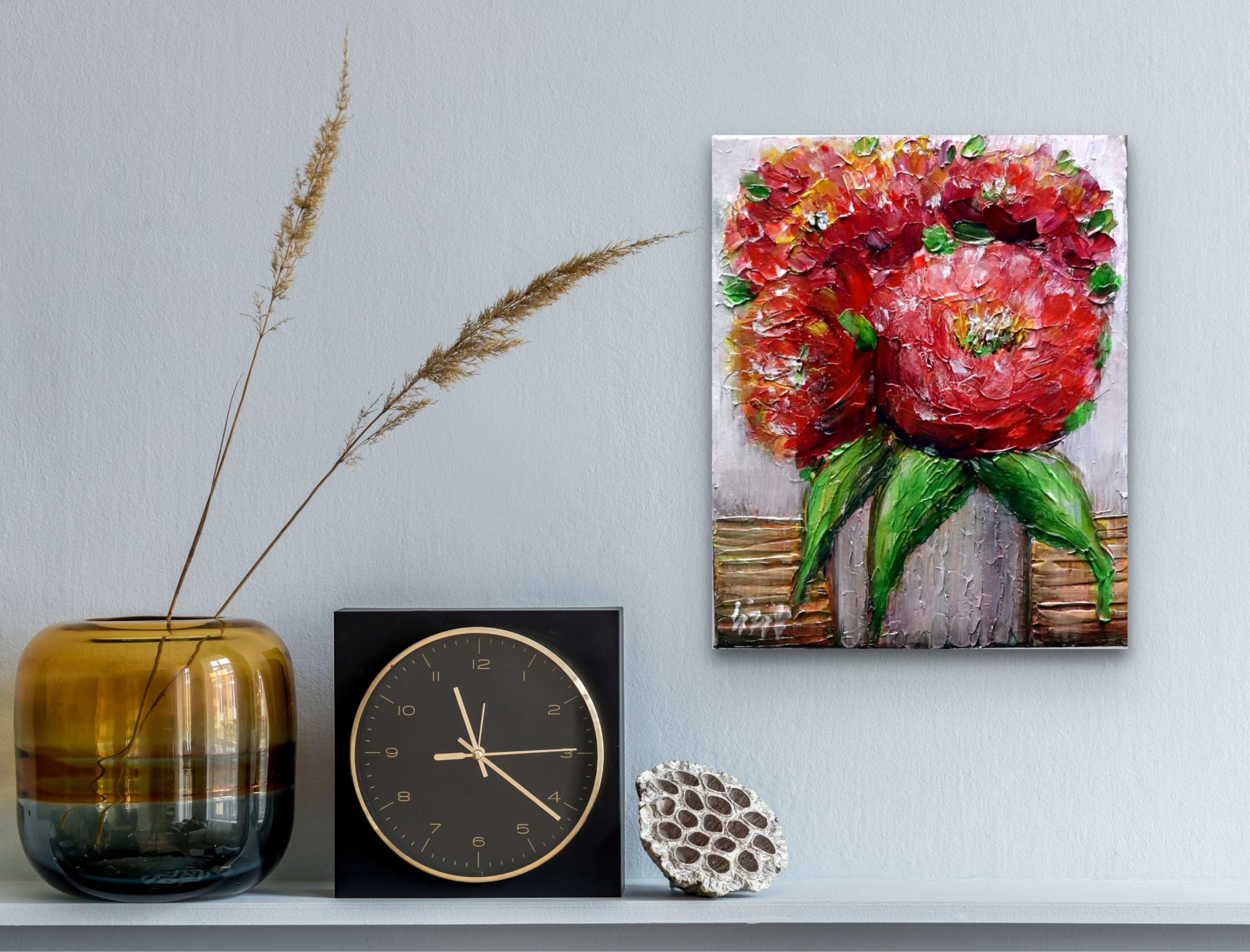 Fall Flowers Bouquet in a Rustic Vase, Red Textured Flower Green Leaves, Original Oil Painting
