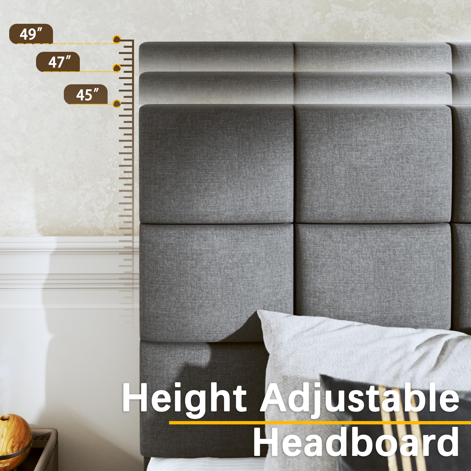 Fluest King Bed Frame Upholstered Bed Frame Platform with Adjustable Headboard Linen Fabric Wooden Slats Support, No Box Spring Needed, Easy Assembly, Mattress Foundation, Package of 2, Dark Grey