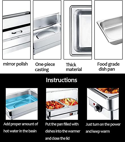 Food Warmer, Chafing Dish Stainless Steel Chafing Dishes, 9L Buffet Server, Catering Food Warmers with 90° Half Clamshell for Parties, Buffets, Adjustable Temperature (1/2 Size Foo