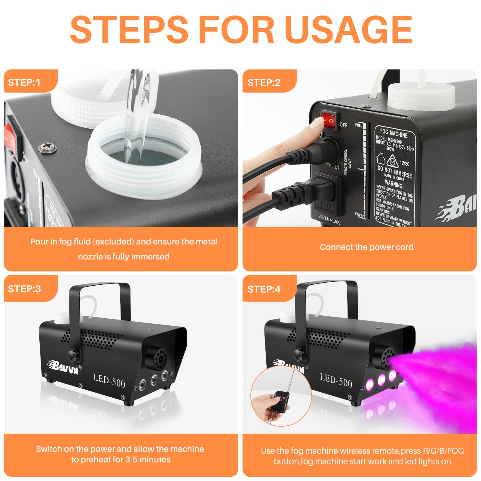 Fog Machine With LED Lights Baisun 500W Wireless Remote Control Smoke Machine For Wedding Christmas Halloween Birthday Party