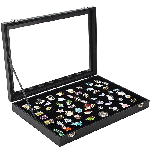 Pin Display Case, Dustproof Pin Collection Showcase Storage Organizer Box, for Enamel Pin, Pin Badge, Military Medals, Beach Tags, Jewelry Pins (Black Color)