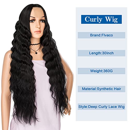 Flvaco 30'' Synthetic Curly Wig for Women, Deep Wave Lace Front Wig and Long Black Wig for Women Daily Use with 4" Simulated Scalp (Black)