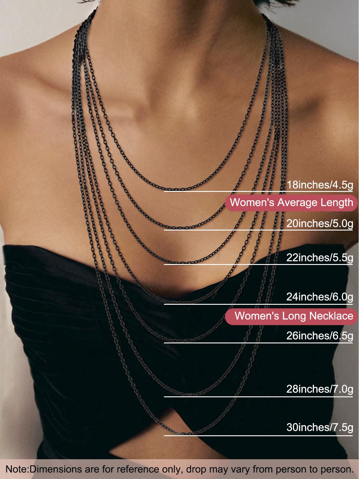 FOCALOOK Black Necklace Chain for Women 2mm 18 Inch Stainless Steel Rolo Cable Chain