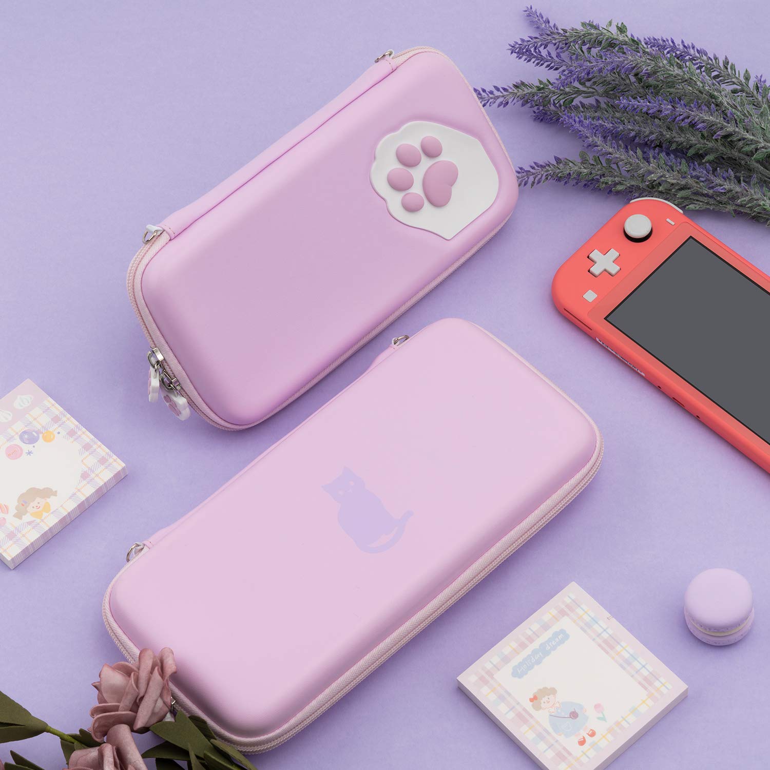 Geekshare Cute Cat Paw Case Compatible with Nintendo Switch/Switch OLED - Portable Hardshell Slim Travel Carrying Case fit Switch Console & Game Accessories - A Removable Wrist Strap (Purple)