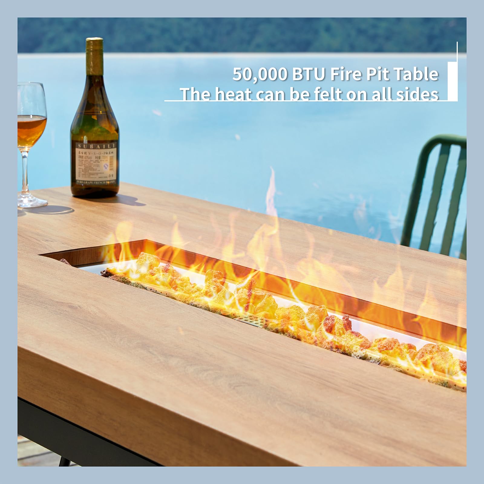 fissfire 76 inch Height-Adjustable Propane Fire Pit Table, 50,000 BTU Rectangle Steel Gas Fire Pit with Separate Propane Tank Cover, Lava Rock, Lid, Waterproof Cover for Patio and Garden, Brown